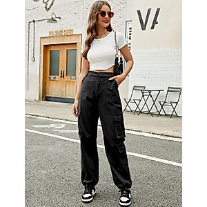 MOYEE Cargo Pants for Women High Waisted and Wide Leg Casual Y2K Pants Baggy Trousers with 7 Pockets(Black, Medium)