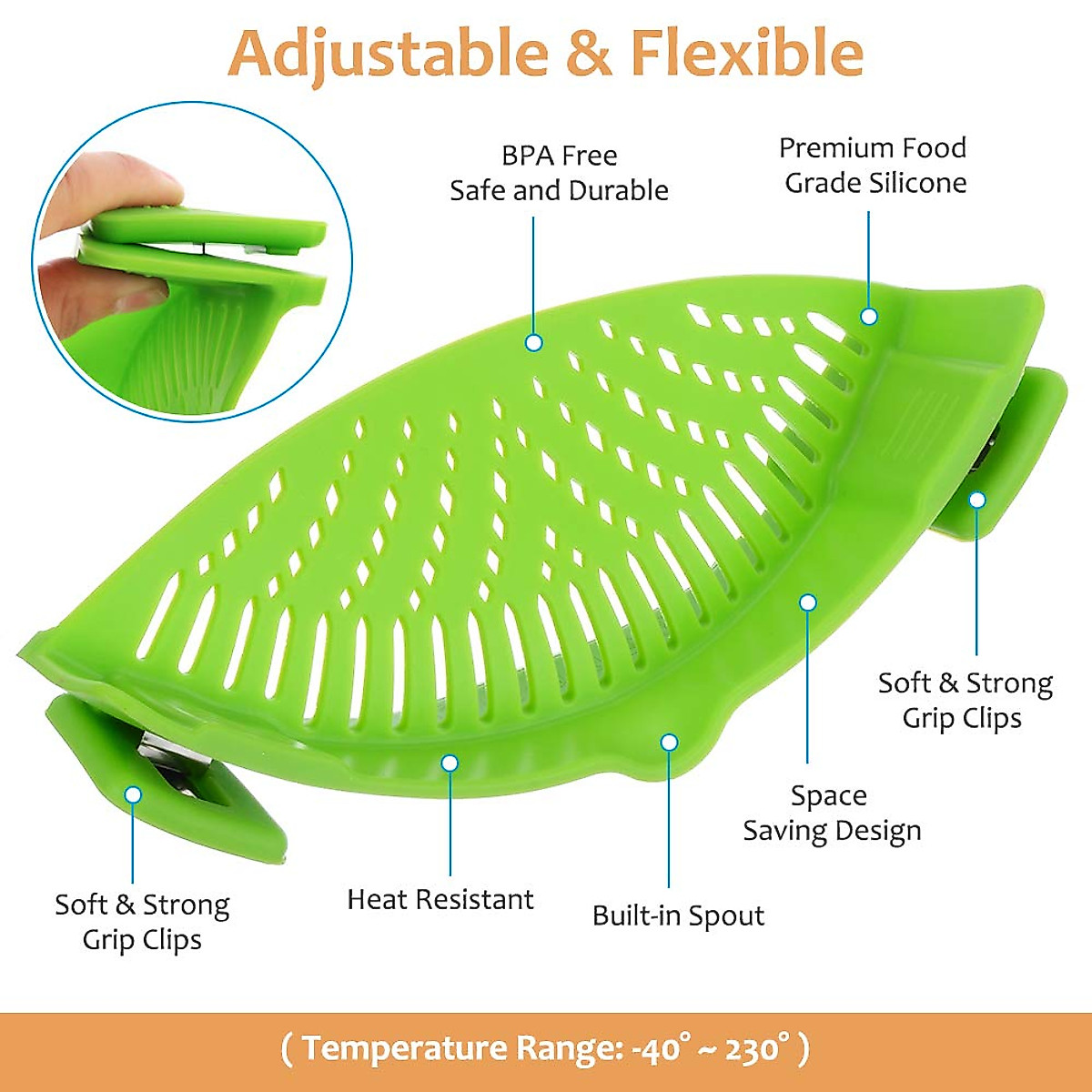 YEVIOR Clip on Strainer for Pots Pan Pasta Strainer, Silicone Food Strainer Hands-Free Pan Strainer, Clip-on Kitchen Food Strainer for Spaghetti, Pasta, Ground Beef Fits All Bowls and Pots (Green)