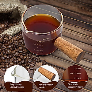 Catcan 2 Packs Single Spout Espresso Shot Glass, 75ML Single Spout Espresso Measuring Cup with Wood Handle, Espresso Glass Carafe Shot Glass Mini Milk Glass Cup for Barista Coffee Carafe Milk