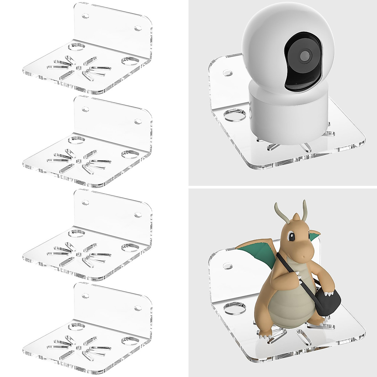 Sezanrpt Clear Acrylic Wall Shelf 4 Pack for Surveillance Cameras, Smart Security Cameras, Small Floating Shelf for Plants, Speaker, Dog Camera, 4'', with Cable Clips