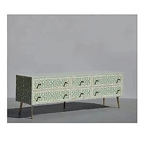 Bone inlay Media Console, Bone inlay Media cabinet Green Geometric Pattern, Bone inlay entertainment unit, Bone inlay TV unit, Bone inlay Furniture,