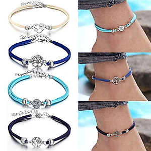 LAIMIO 4 Pcs Anklets Bracelet-Women Anklet Boho Beads Antique Silver Life Tree Anklets Foot Chain Beach Jewelry