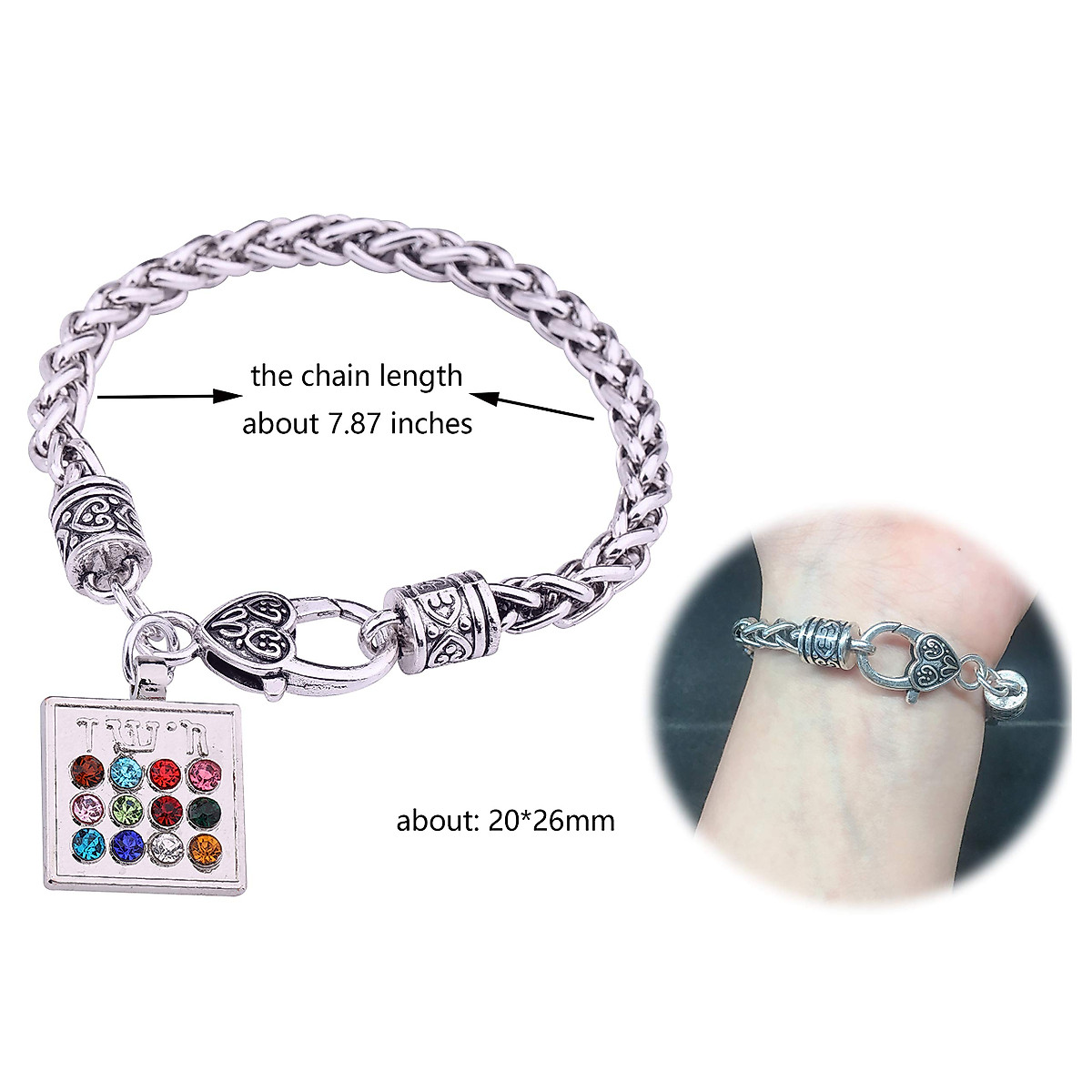 VASSAGO Ancient Amulet Judaic Hoshen 12 Tribes of Israel Breastplate of the High Priest Pendant Jewish Wheat Chain Bracelet (colorful)