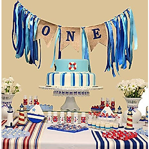 Baby 1st Birthday Boy Decorations with Crown High Chair Banner Cake Smash Party Supplies - Happy Birthday ONE Burlap Banner, No.1 Crown, Glitter Cake Topper