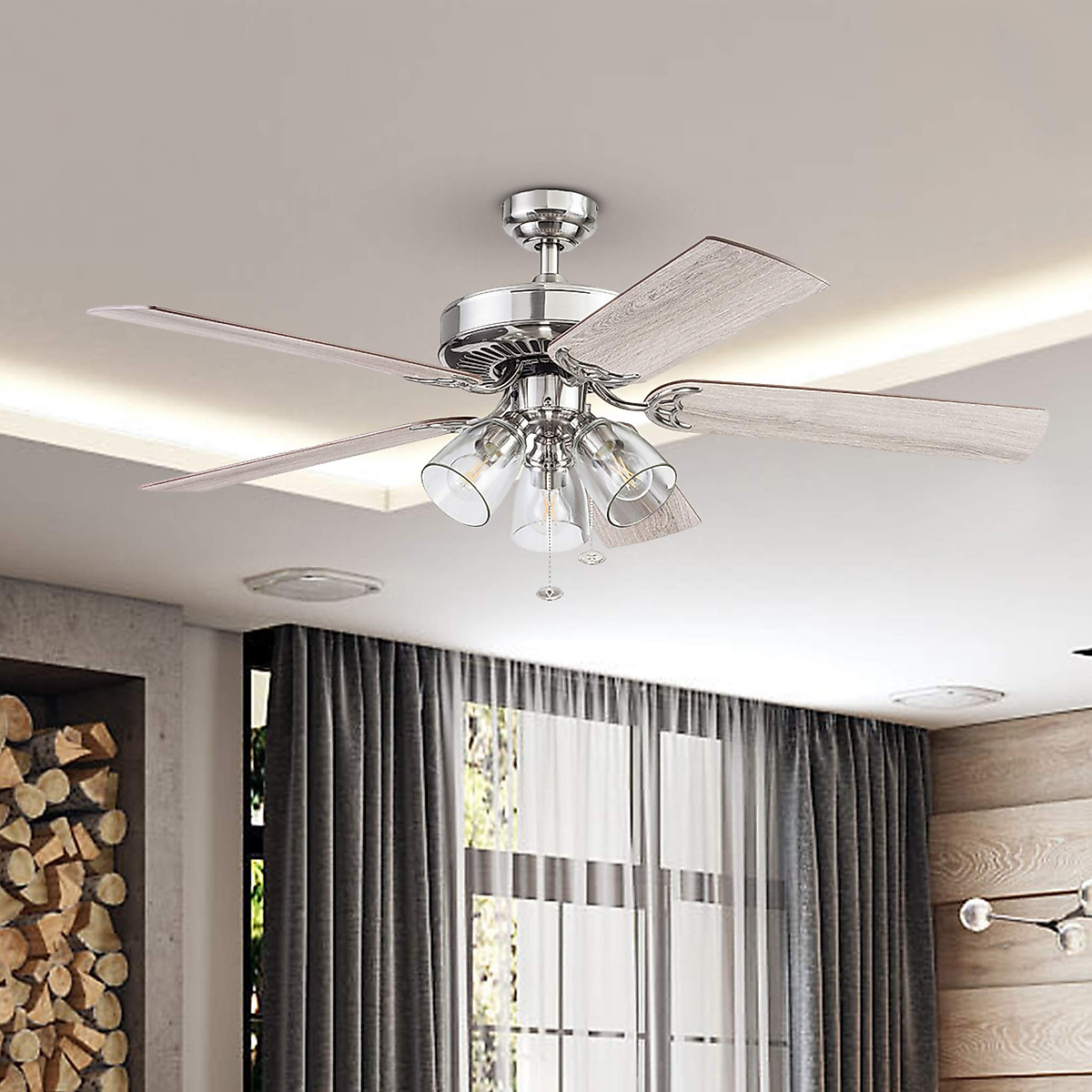 Prominence Home Saybrook, 52 inch Indoor Farmhouse LED Ceiling Fan with Light, Pull Chain, Three Mounting Options, Dual Finish Blades, Reversible Motor - 51592-01 (Matte Nickel)