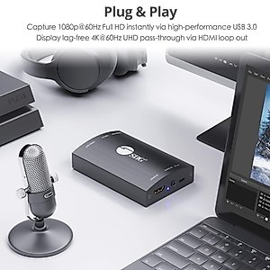 SIIG USB 3.0 HDMI A/V Capture Card with 4K60 Loop Out, HDMI 4K60 Capture USB 3.0 1080p Record,Audio Extract & Microphone,for DSLR Camcorder Live Streaming,Video Conference,TAA Compliant CE-H26H11-S1