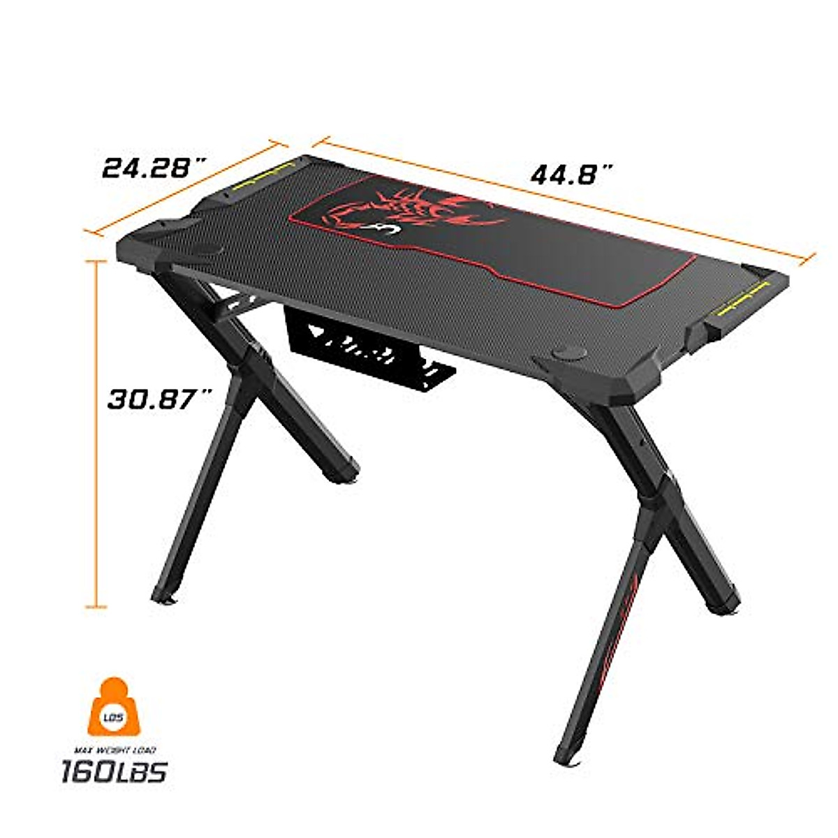 DESIGNA Gaming Desk with LED Lights, 44.8 inch Home Office Computer Desk with Free Mouse Pad, Ergonomic E-Sport Style Gamer Desk with USB Handle Rack, Cup Holder & Headphone Hook,Black