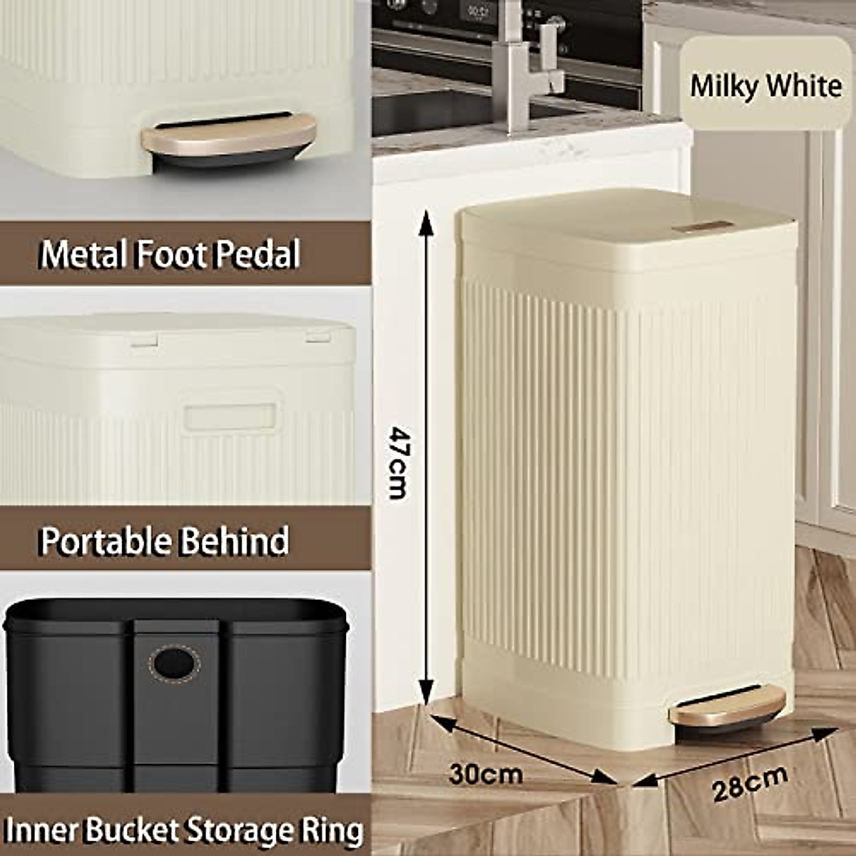 Aupekro Trash Can with Lid Soft Close, 5.2 Gallon Stainless Steel Garbage Can with Removable Inner Bucket, Rectangular Pedal Step Trash Can for Kitchen, Living Room, Office (Milky White)