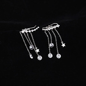 Reffeer Solid 925 Sterling Silver Crawler Earrings Tassel Chain Dangle for Women 7 Crystal Cuff Earrings Chain Wraps Climber