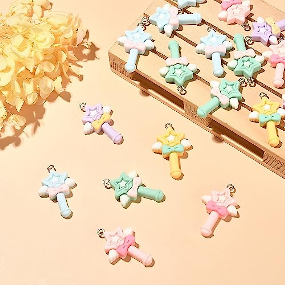 LiQunSweet 30 Pcs 5 Colors Opaque Resin Star Magic Stick Charms Magic Wand Fairy Tale Charms for Birthday Party Halloween Christmas Princess Cosplay
