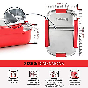 Signoraware Stainless Steel Bento Lunch Box | 20-Ounce Eco Friendly Portion Control Lunchbox Containers | 2-Compartment Metal Food Pail With Cover That Prevents Leaks & Spills (Red)