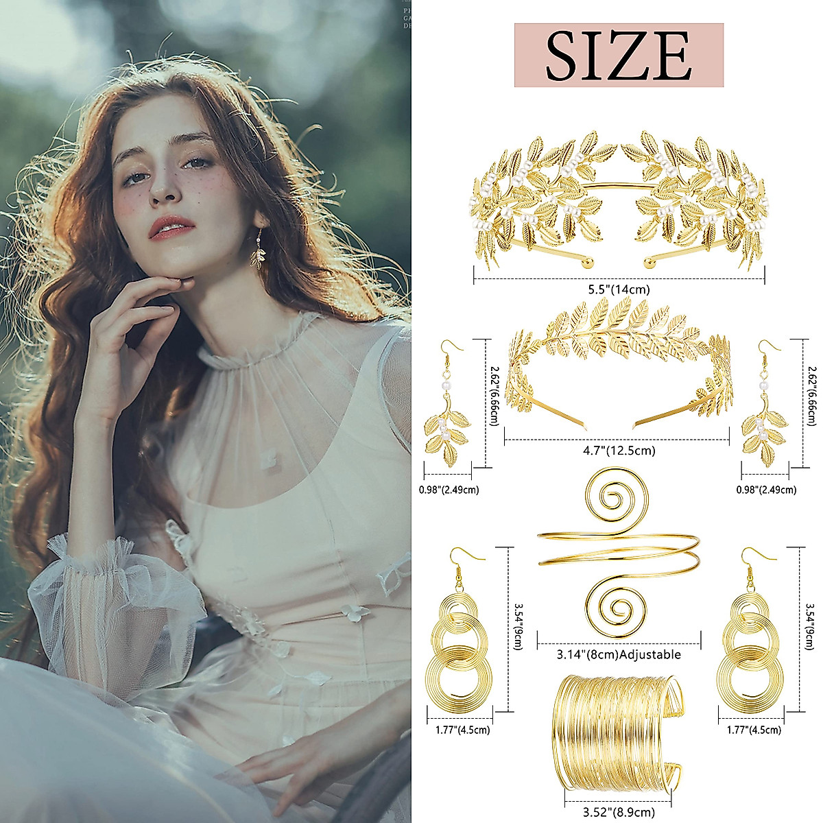 YADOCA 6 Pcs Greek Goddess Costume Accessories Set for Women Gold Laurel Leaf Crown Headband Upper Arm Cuff Coil Bracelet Pearl Dangle Earring Bridal Bridesmaid Wedding Headpiece Toga Costume Jewelry