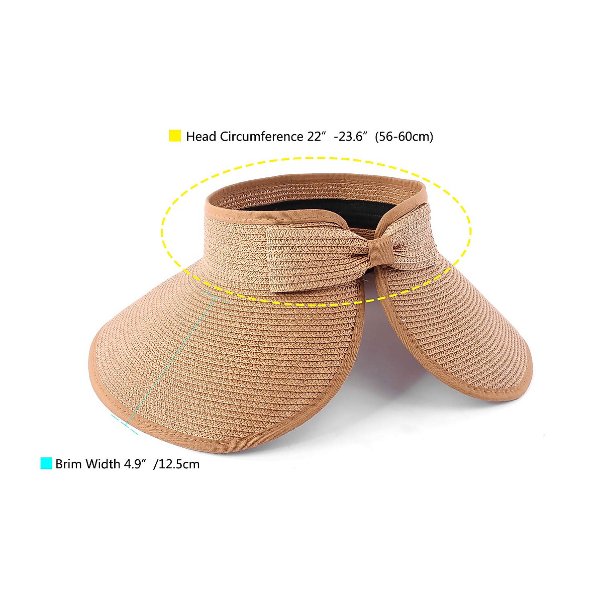 Women Sun Visors Foldable Straw Hats Summer Beach Packable Hat Floppy Wide Brim Cap Big Heads Sombrero (Black+Khaki)