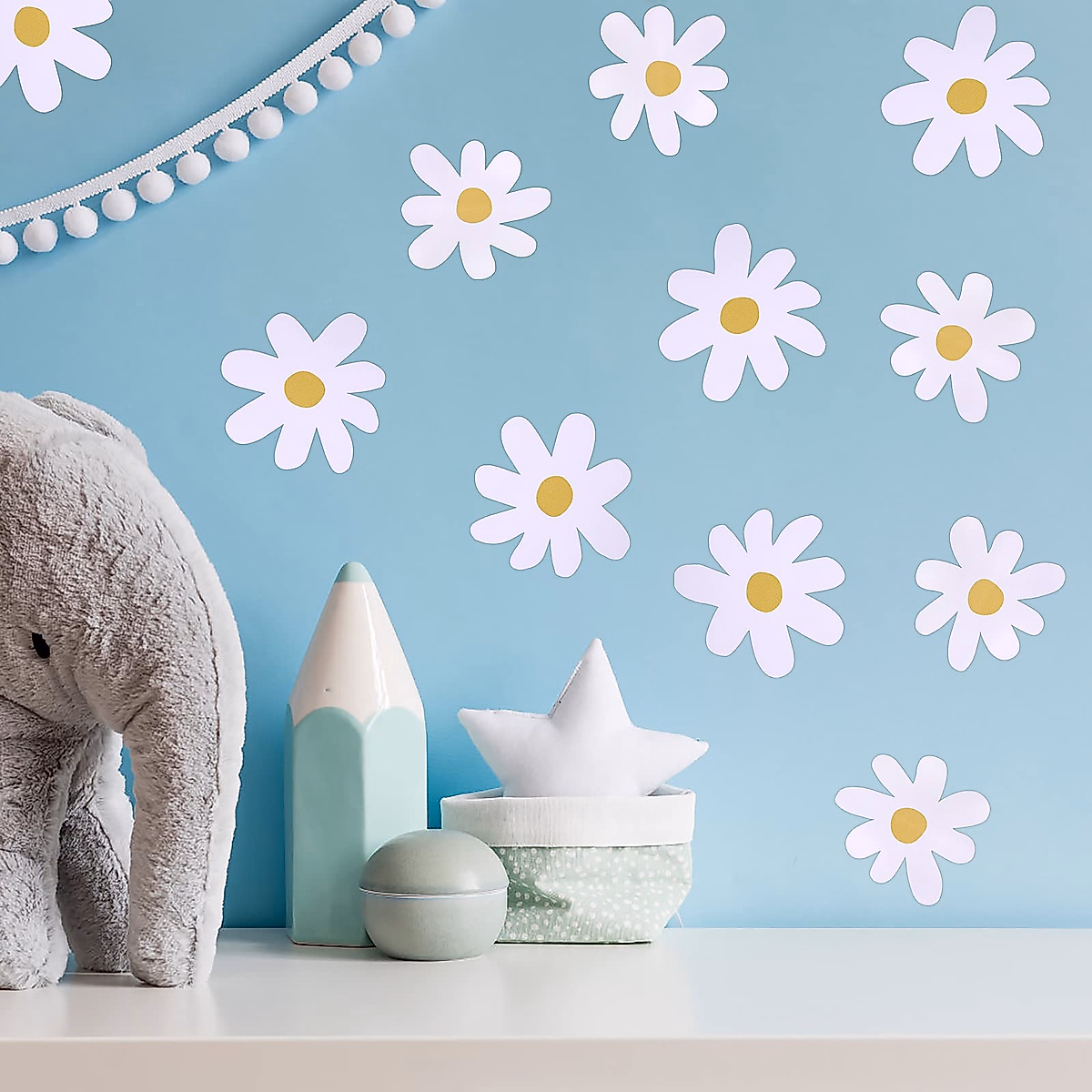 36PCS Daisy Wall Decal White Daisy Decals Flower Wall Decals Peel and Stick Retro White Daisy Flower Wall Stickers Vinyl Wall Floral Decals for Kids Nursery Bedroom Classroom Office Decor 6 Sheet