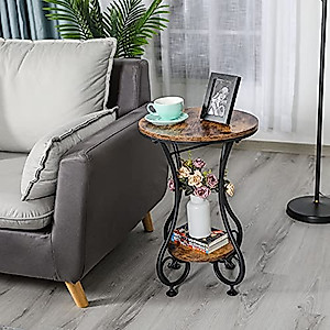 X-cosrack End Table, Round Side Table for Small Spaces, Coffee Tea Table Nightstand Home Decor for Living Room Balcony Bedroom Office,Rustic Brown & Black,15.75" L x 15.75" W x 24.0" H