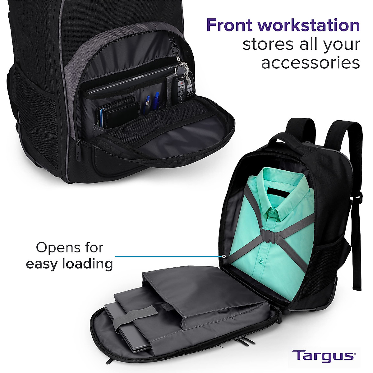 Targus Compact Rolling Backpack for Business, College Student and Travel Commuter Wheeled Bag, Durable Material, Tablet Pocket, Removable Laptop Protective Sleeve for 16-Inch Laptop, Black (TSB750US)