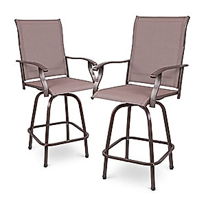 MoNiBloom Outdoor Swivel Patio Chair Set of 2, Breathable Fabric High Top Outdoor Chairs 360 Degree Swivel Patio Bar Stools with Metal Frame and High Back Design for Backyard Lawn Balcony, Brown