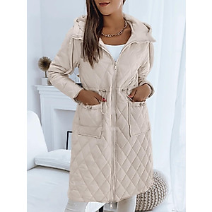 Imily Bela Womens Long Quilted Jackets Zip Up Hooded Drawstring Waist Coats with Pockets