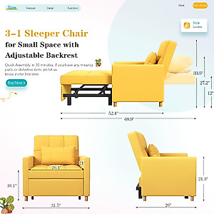 YODOLLA Sleeper Chair, 3 in 1 Chair Bed Sleeper for Adults, Fold Out Sofa Cama with Pillow and Convertible Backrest, Multi-Functional Couch Loveseat Reading Chair for Small Space, Yellow