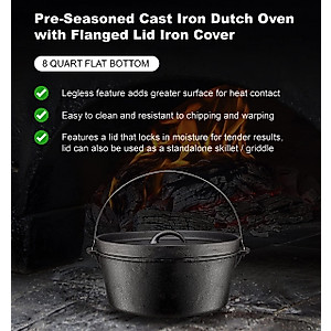 Bruntmor Pre-Seasoned Cast Iron Dutch Oven with Flanged Lid Iron Cover, for Campfire or Fireplace Cooking Pre-Seasoned Camping Cookware Flat Bottom 8 Quart