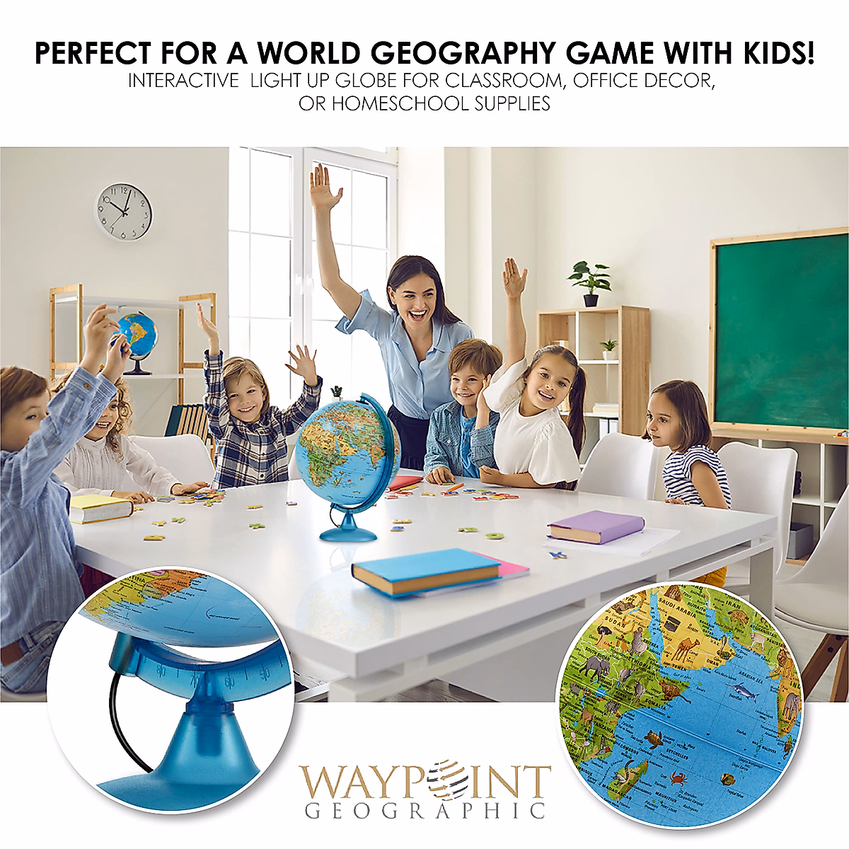 Waypoint Geographic Safari Explorer Animals Globe, World Globe, Illuminated Desktop Globe with Blue Physical Earth and 100s of Illustrated Animals