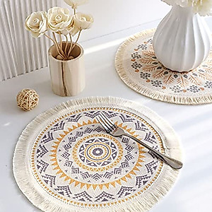 LUOZZY 4 Pcs Round Braided Placemats Table Mats Farmhouse Jute Table Mats with Pompom Tassel