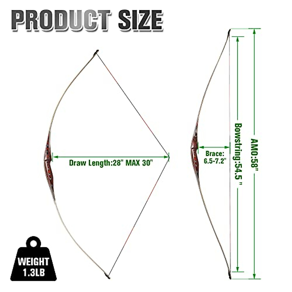 KAINOKAI 58" Laminated Recurve Bow,Amercian Hunting Bow Archery Bow 20-60lbs (50LBS, Right Hand)