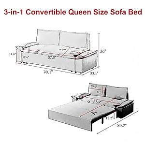 Eafurn 3 in 1 Multi-Functional Sleeper Sofa Bed Queen Size,Convertible Pull Out Loveseat Couch with Soft Pillow Armrest and Detachable Backrest,3 Seater Love Seat Lounge Sofa&Couches for Living Room