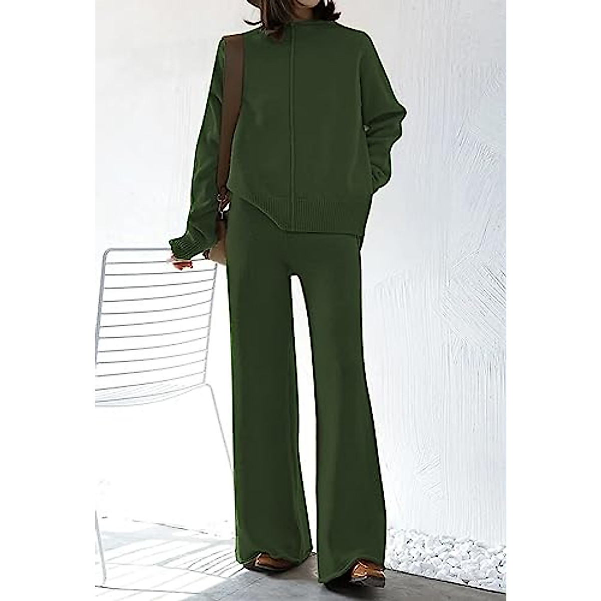 Pink Wind 2 Piece Outfits For Women Long Sleeve High Neck Sweatshirt Set Knitted Sweater Tracksuit Dark Green L