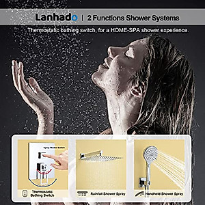 Lanhado Shower System 12" Thermostatic Bathroom Shower Head Overhead Shower System Multi-function Overhead Rain Shower System Shower Head Trim Kit Polished Chrome