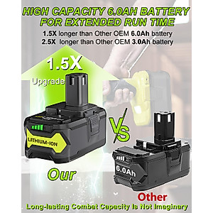 2Pack 6.0Ah Replacement for Ryobi 18V Battery and Charger Combo Replacement for Ryobi 18V Lithium P102 P103 P104 P105 P107 P109 P108 P190 P122 Cordless Tools Battery and P117 Charger