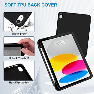 Tasainu iPad 10th Generation Case, New iPad 10.9 Inch 2022 Case with Soft TPU Back Cover, ipad 10 Case with Pencil Holder, Support Auto Wake/Sleep, Black