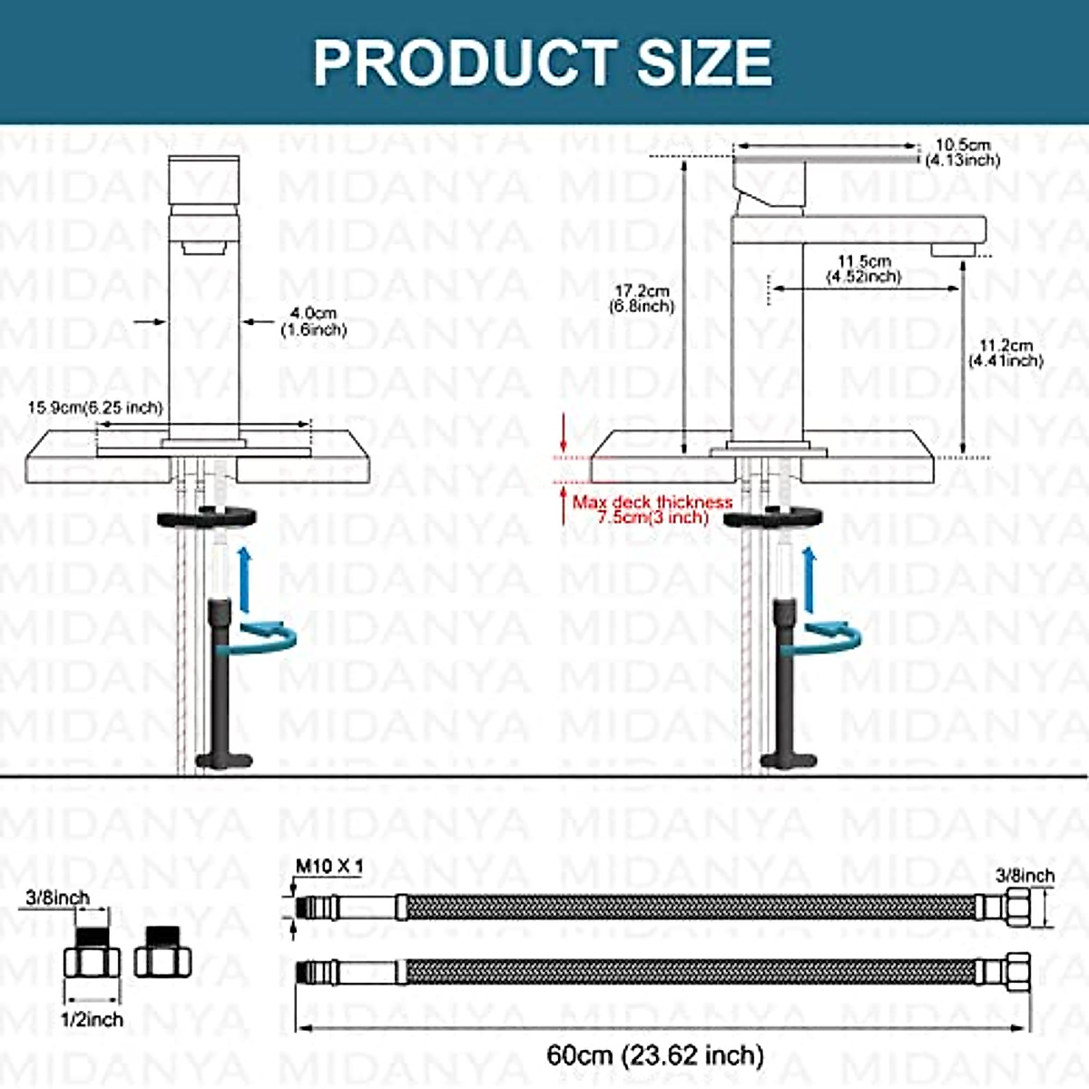 Midanya Matte Black Bathroom Sink Faucet 1 Hole Single Handle Deck Mount Lavatory Mixer Tap Include Pop Up Drain and Cover Plate One Lever Stainless Steel SUS304 Commercial