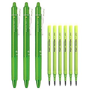 Pilot FriXion Ball Knock Retractable Erasable Gel Ink Pens, Extra Fine Point 0.7mm, Light Green Ink, 3 Pens & 6 Refills Value Set
