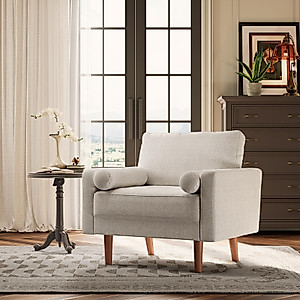 koorlian Beige Accent Chairs, Mid Century Modern Accent Chair with Track Armrest, Button Tufted Armchair, 2 Bolster Pillow, Linen Fabric Single Sofa Chair for Living Room/Bedroom/Office