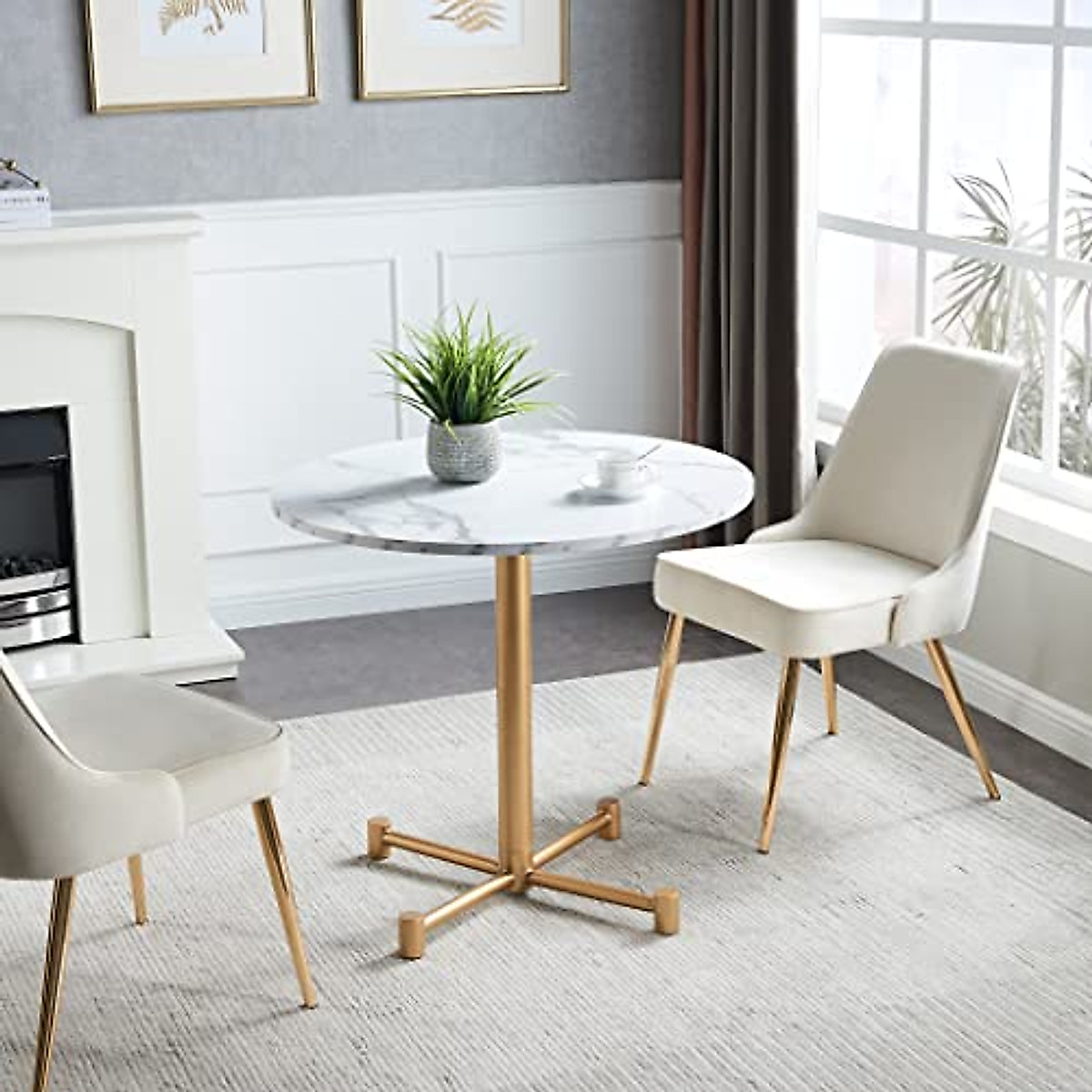 KithKasa 31.5" Round Dining Table with White Faux Marble Wood Top and Golden Metal Legs, Mid Century Modern Kitchen Table for Small Space Dining Room, Seat for 2-4