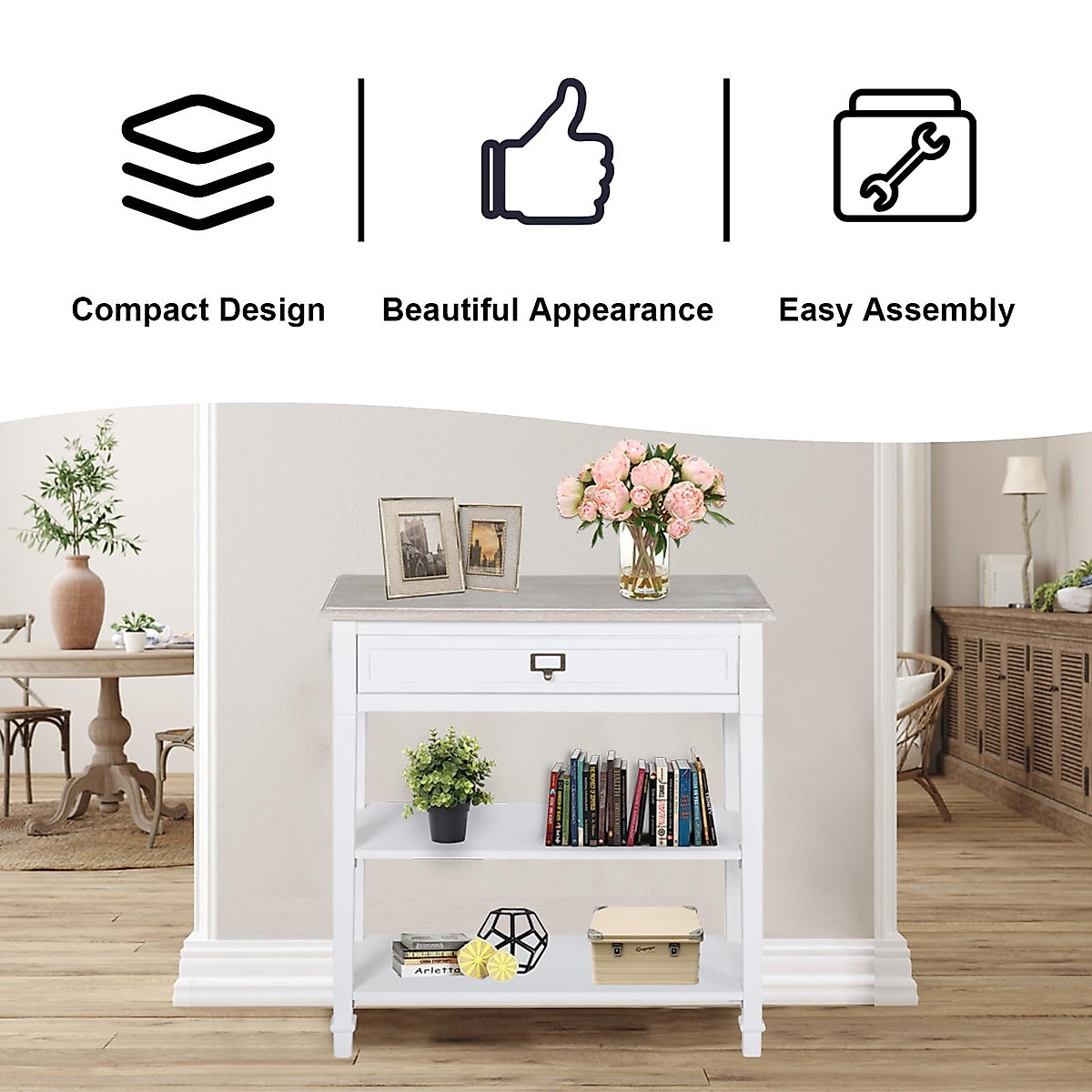 kinbor Accent White Console Table with Drawer and Shelf, Wood Sofa Table with Storage for Entryway Hallway Living Room