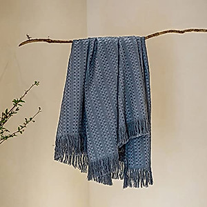 100% Cotton Waffle Blanket with Fringe, Pre-Washed Waffle Weave Blanket for All Season, Lightweight Breathable Soft Cozy Throw Blanket for Couch, Bed, Travel (Blue - 50x60 Inches)