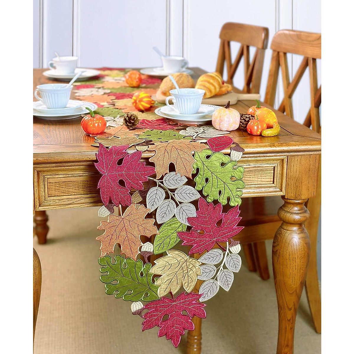 KEVA Fall Table Runner 72inches Long, Autumn Maple Leaves Table Runner 13x72 inch for Thanksgiving Kitchen and Table Decoration, Harvest Fall Farmhouse Rustic Embroidered Thanksgiving Table Runner