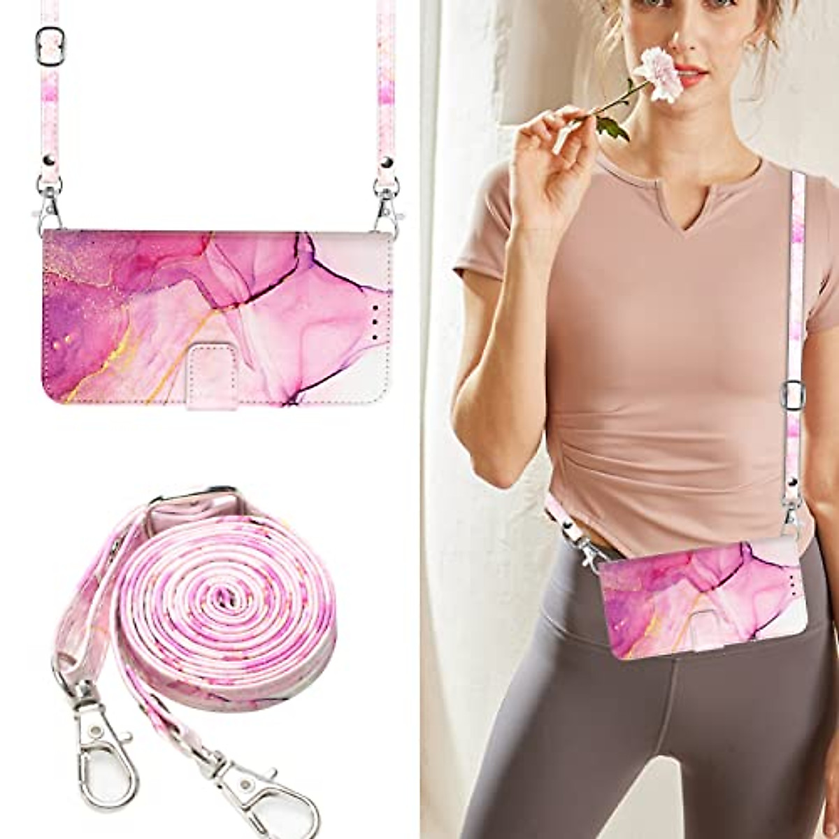 Compatible with Samsung Galaxy Z Fold 4 Case with Wallet Marble Pink Purple Gold with Long Crossbody Lanyard and Hand Strap for Samsung Galaxy Z Fold4