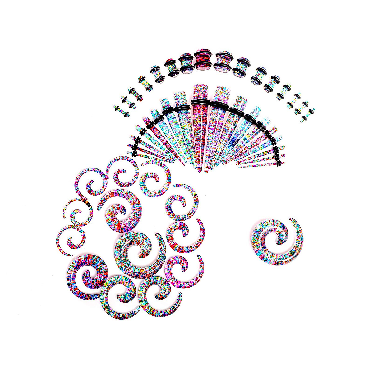 WBRWP 54PC Gauges Kit Ear Plugs and Tunnels Stretching Expander-Starter : 14G-00G Color Splash Acrylic Tapers and Plugs with Double O-Ring and Spiral Taperss Body Piercing Colorful set