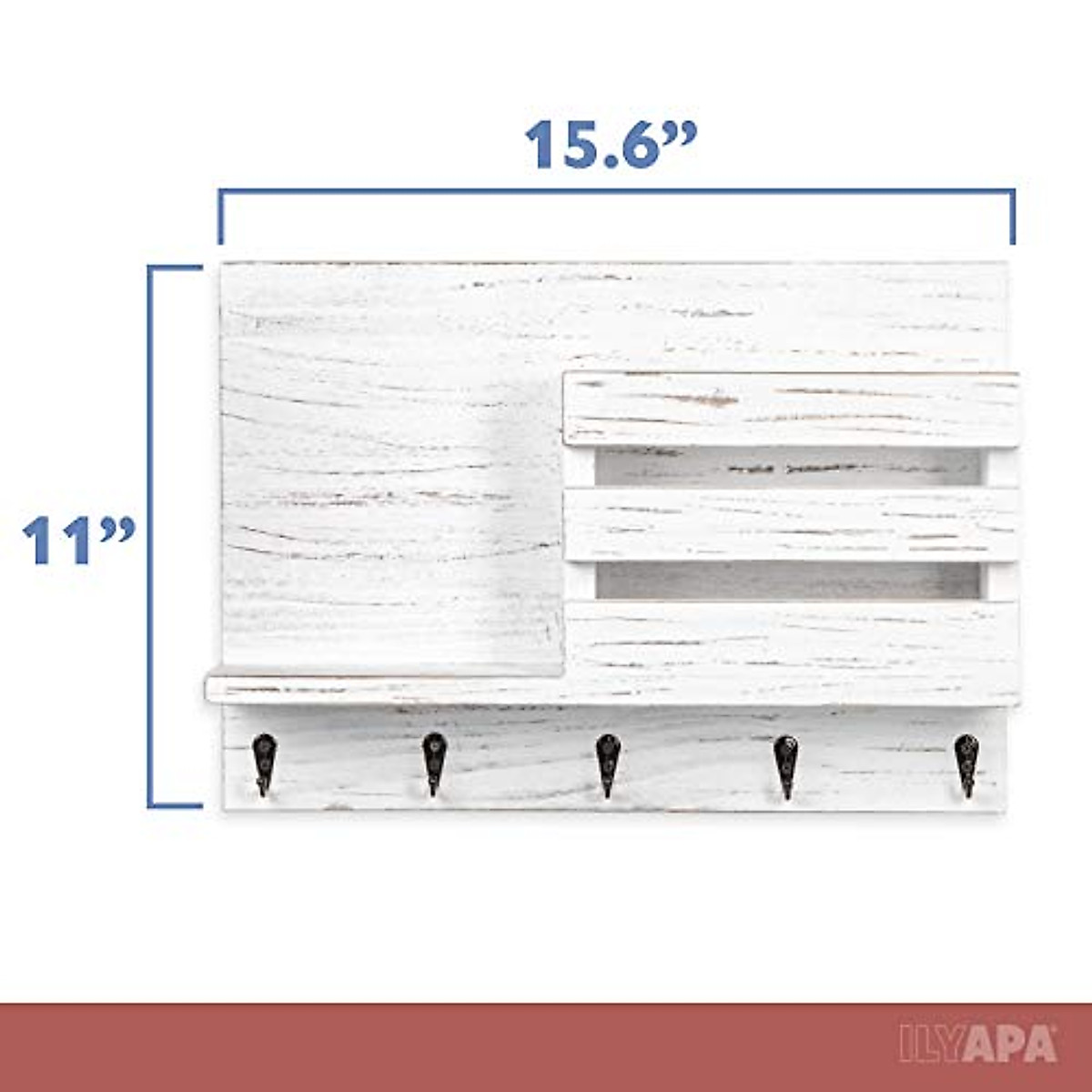 Ilyapa Key and Mail Holder for Wall - Mail Organizer Wall Mount with Decoraitve Shelf - Rustic White Wooden Wall Key Holder with 5 Metal Hooks