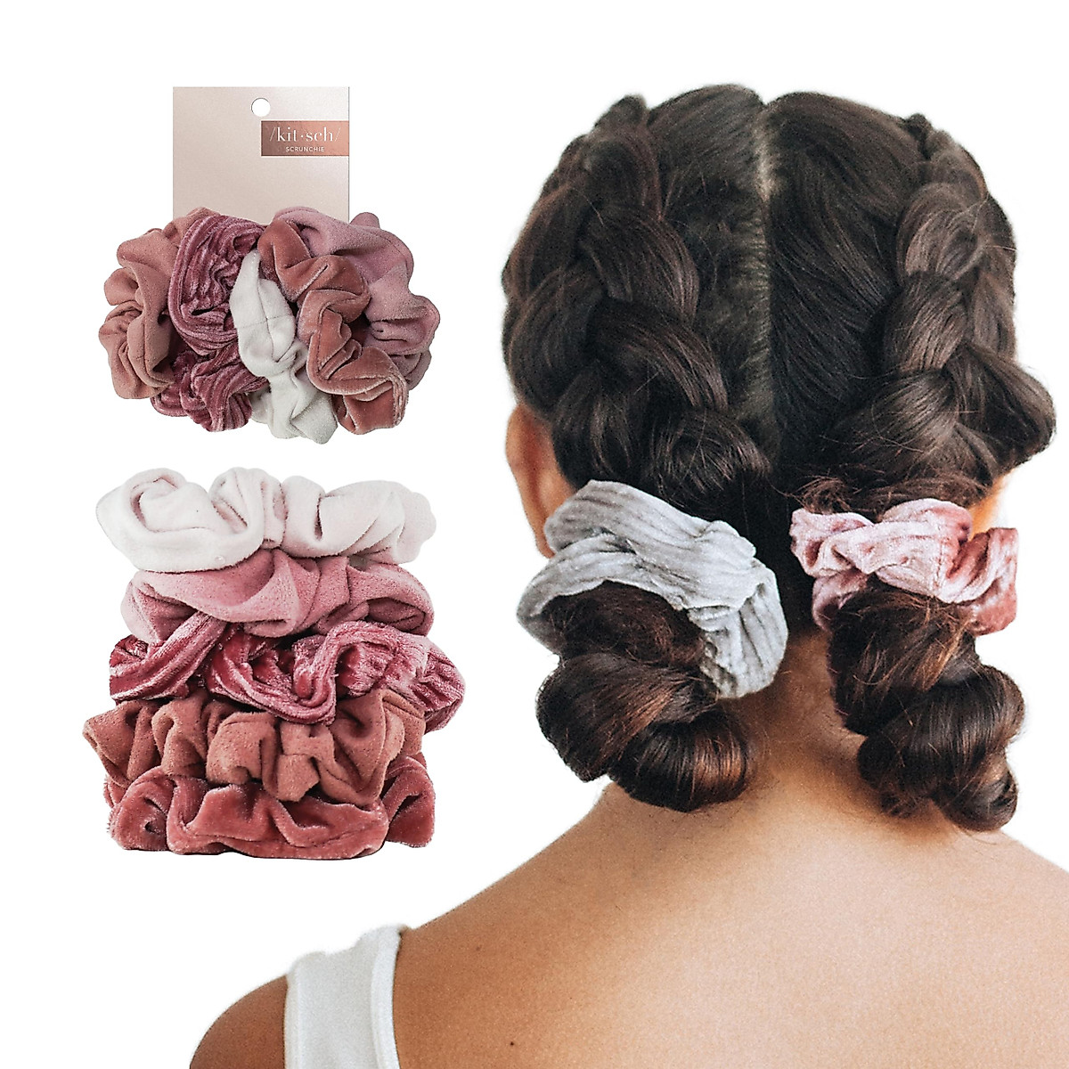 Kitsch Scrunchies for Women's Hair - Velvet Hair Scrunchies | Large Hair Ties for Women | Hair Tie Scrunchies for Girls | Cute Scrunchie & Sleepy Tie | Hair Bands & Ponytail Holders, 5pc (BlushMauve)
