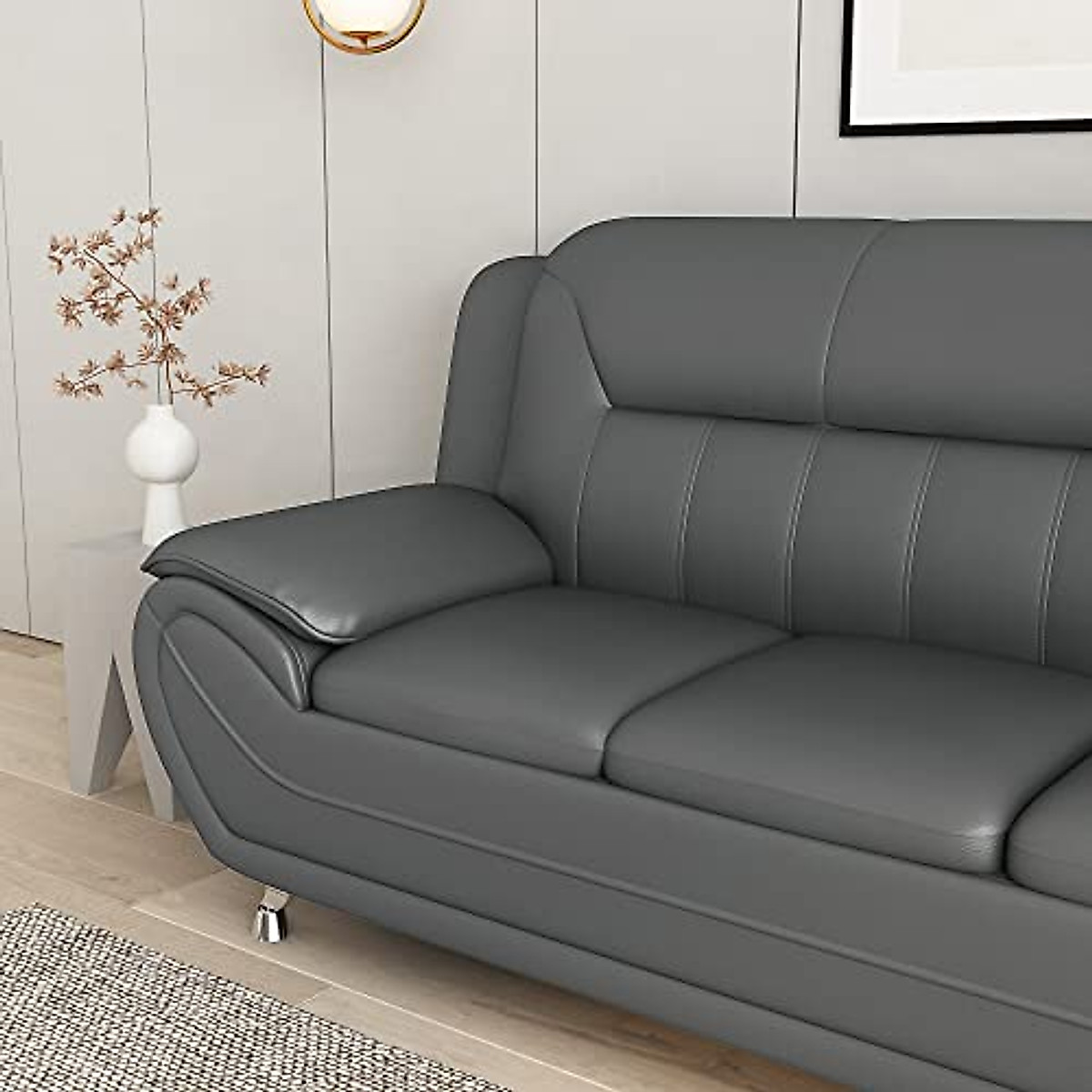 Container Furniture Direct Michael Modern Faux Leather Upholstered Stainless Steel Legs Living Room, Sofa, Sleek Gray
