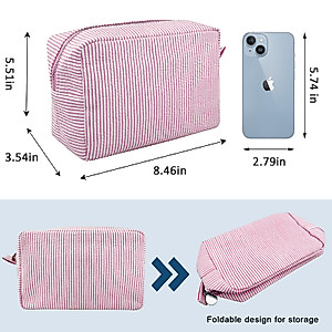 GFU Cosmetic Bag for Women, Large Makeup Bag, Travel Toiletry Stripe Cosmetic Bag, Seersucker Women Aesthetic Organizer Storage Pouch, Girls Handbags Purses (Pink)