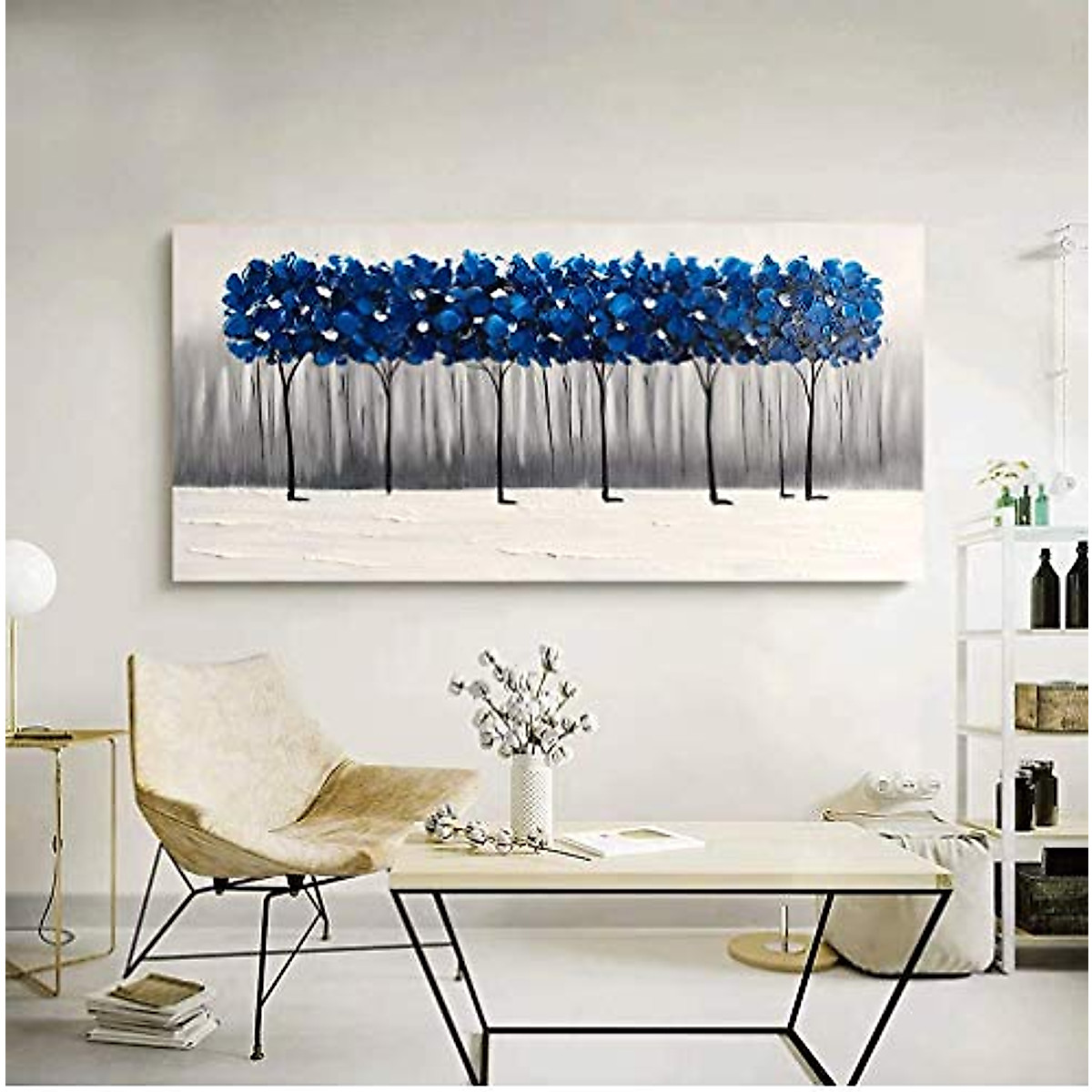 Yihui Arts Landscape Painting Abstract Tree Canvas Art Handpainted Indigo Blue Forest Pictures Artwork for Living Room Bedroom Wall Decor (20Wx40L)