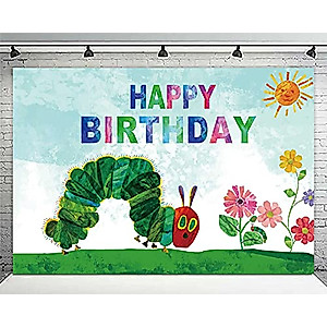 Cartoon Very Hungry Little Green Caterpillar Happy Birthday Banner Backdrop Insects Theme Decor for 1st Birthday Party Baby Shower Photo Studio Booth Props Background Supplies Favors Decorations