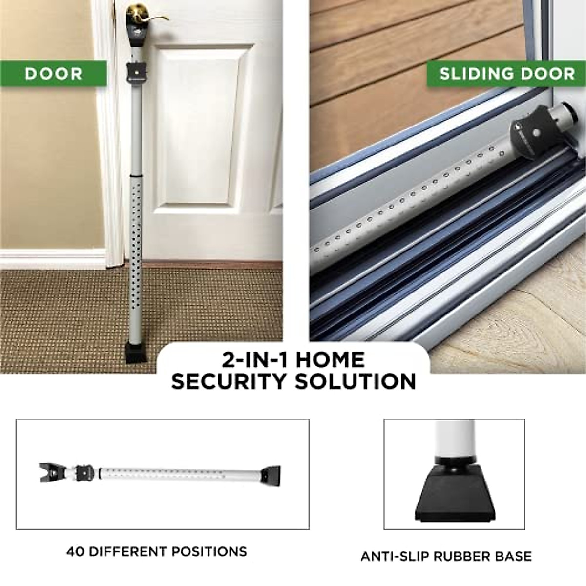 Guard Dog Security Door Jammer 2-in-1 Adjustable Door Knob Jammer & Sliding Patio Door Security Bar – 40 Different adjustments (White w/Alarm)