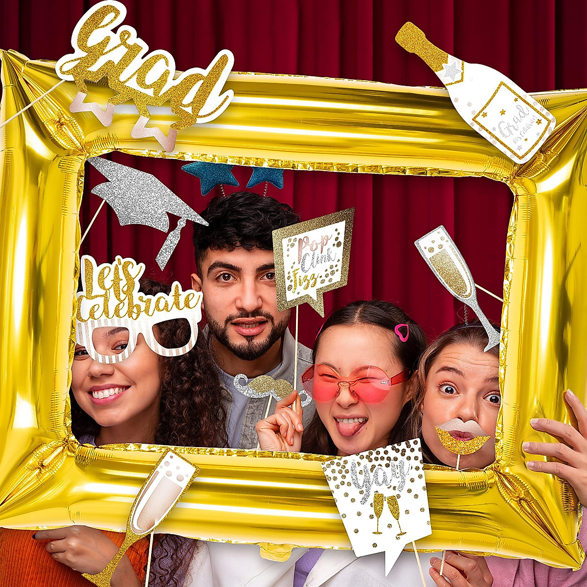 Cheerland Champagne Theme Photo Props for Silver and Gold Grad Party Photo Booth Eye Glasses, Wine Bottle, Mustache, Lips Party Decoration for Photo Background