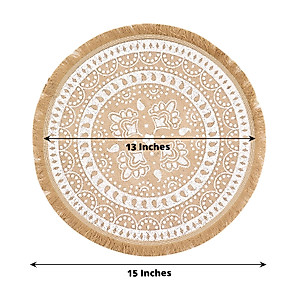 Efavormart 4 Pack | Natural 15" Jute & White Print Fringe Placemats, Rustic Round Woven Burlap Tassel Table Mats